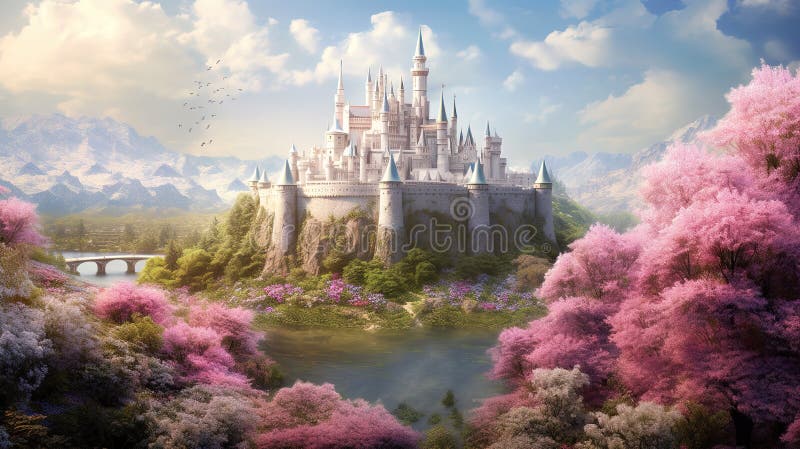 A Beautiful Fairytale Inspired Castle Illustration with Pink Trees in ...