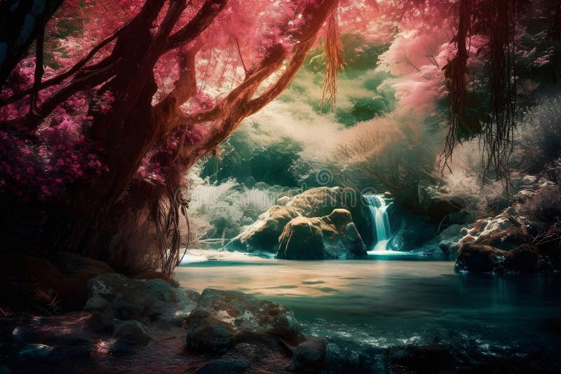 Beautiful Fairytale Landscape with a Waterfall. Neural Network AI ...