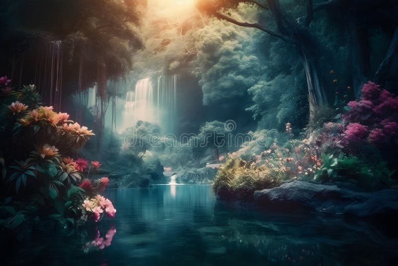 Beautiful Fairytale Landscape with a Waterfall. Neural Network AI ...