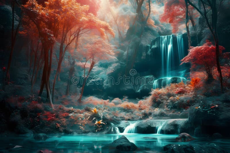 Beautiful Fairytale Landscape with a Waterfall. Neural Network AI ...