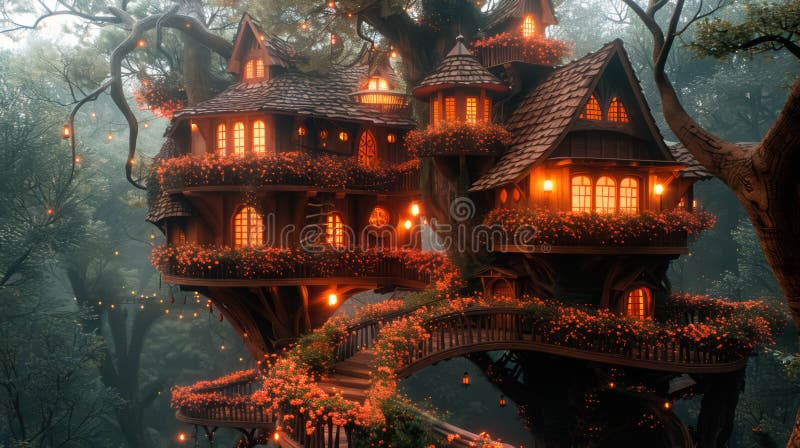 Beautiful Fairytale Treehouse Village Stock Illustration - Illustration ...