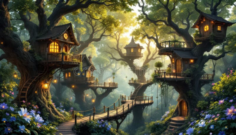Beautiful Fairytale Treehouse Village Stock Illustration - Illustration ...