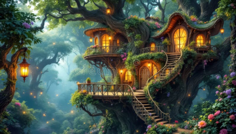 Beautiful Fairytale Treehouse Village Stock Illustration - Illustration ...