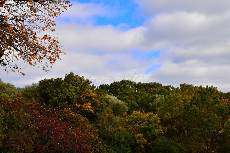 Beautiful Fall Colors and Clouded Sky with Bright Blue Openings Stock ...