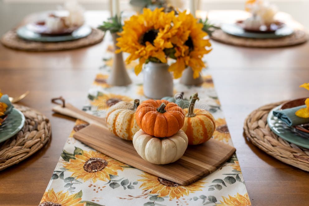 Beautiful Fall Dining Table with Pumpkins and Sunflowers Stock Photo - Image of autumn, season ...