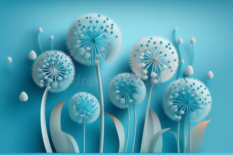 Beautiful Fantasy Abstract 3D Dandelions on a Light Blue Background ...