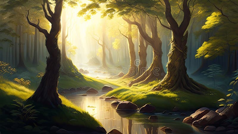 Beautiful Fantasy Forest Landscape with River and Trees. 3d Render ...