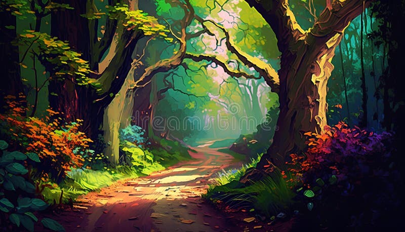 Beautiful Fantasy Forest with Path in the Woods. Vector Illustration ...