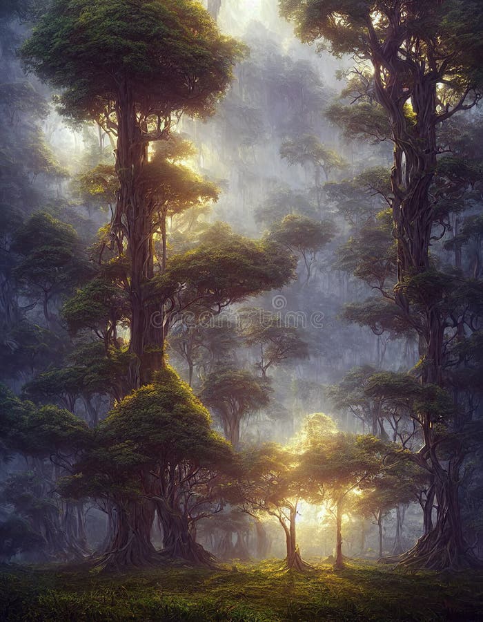Beautiful Fantasy Giant Prehistoric Trees Stock Illustration ...