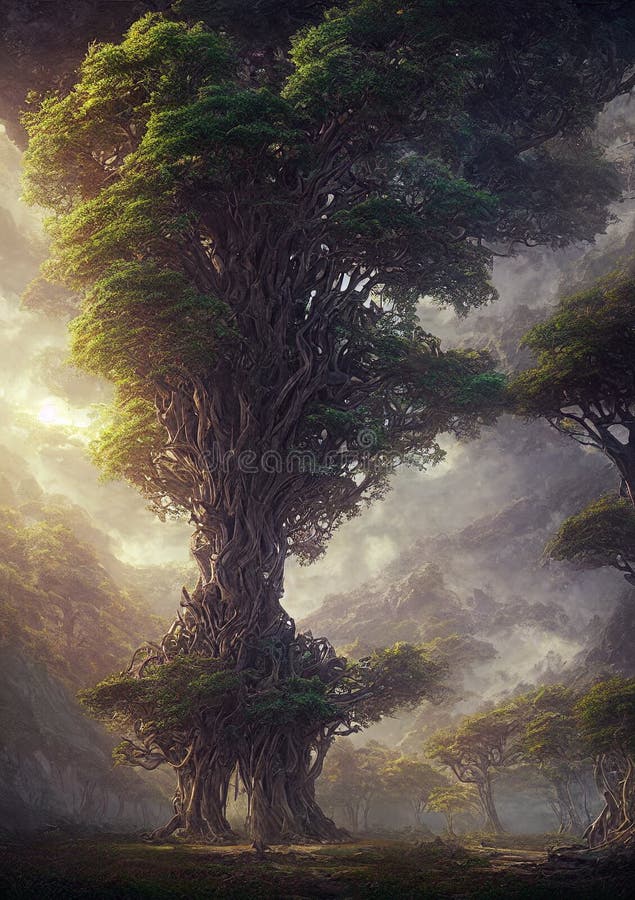 Beautiful Fantasy Giant Prehistoric Trees Stock Illustration ...