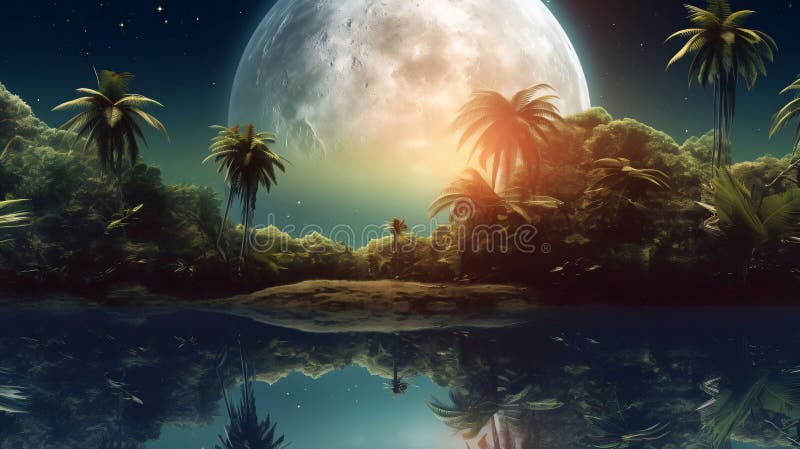 Beautiful Fantasy Landscape with Palm Trees and a Full Moon. 3d Render ...