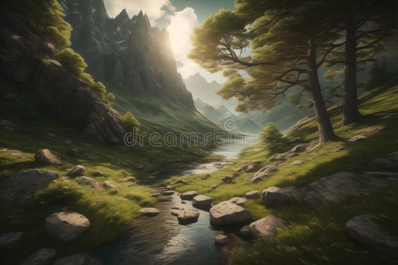 Beautiful Fantasy Landscape with a River in the Mountains. Ai ...