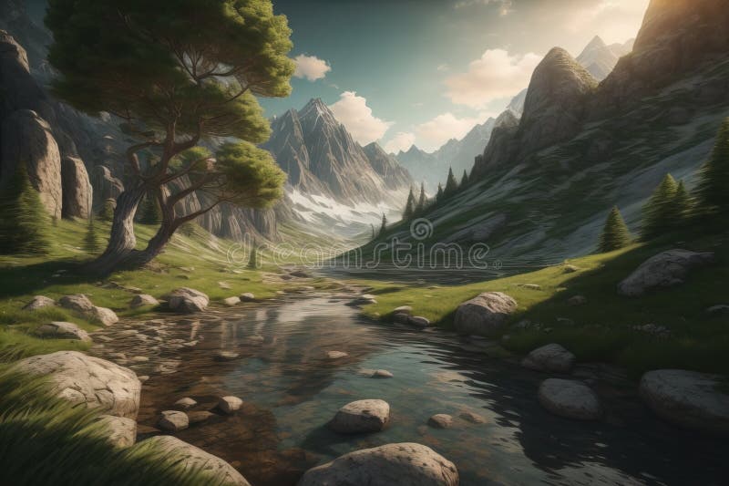 Beautiful Fantasy Landscape with a River in the Mountains. Ai ...