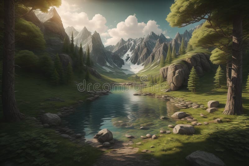 Beautiful Fantasy Landscape with a River in the Mountains. Ai ...