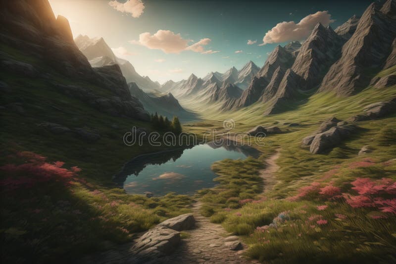 Beautiful Fantasy Landscape with a River in the Mountains. Ai ...