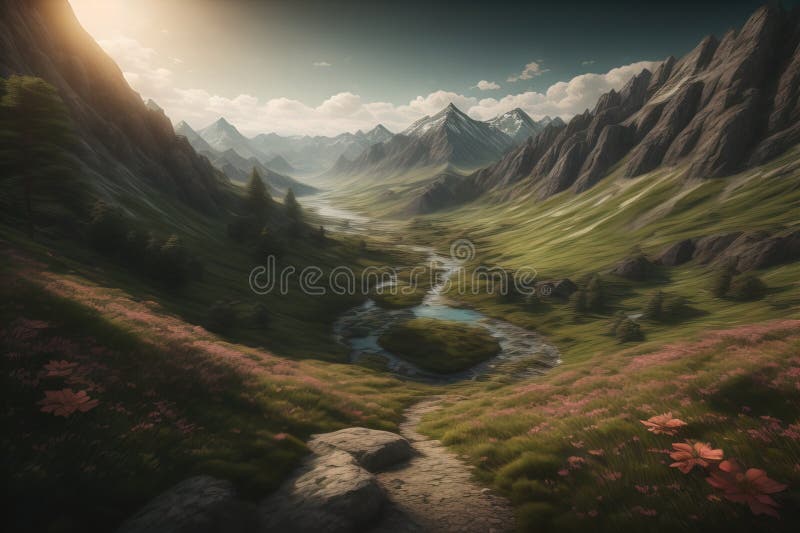 Beautiful Fantasy Landscape with a River in the Mountains. Ai ...