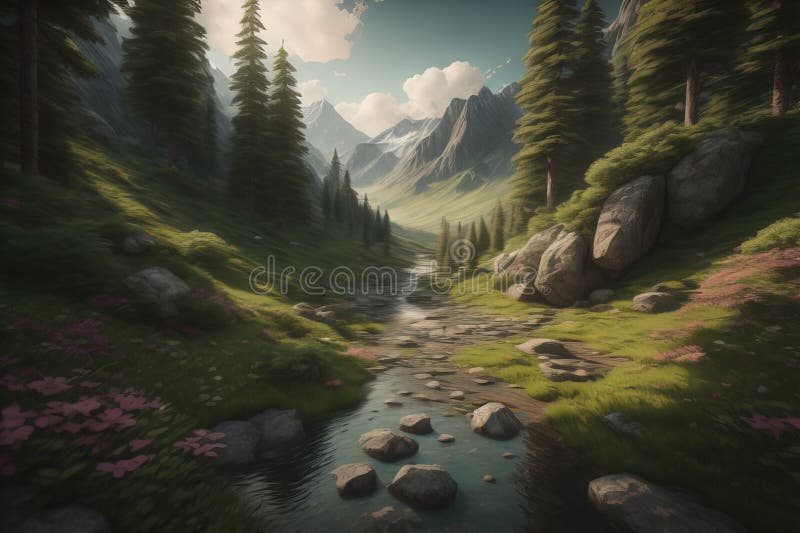 Beautiful Fantasy Landscape with a River in the Mountains. Ai ...