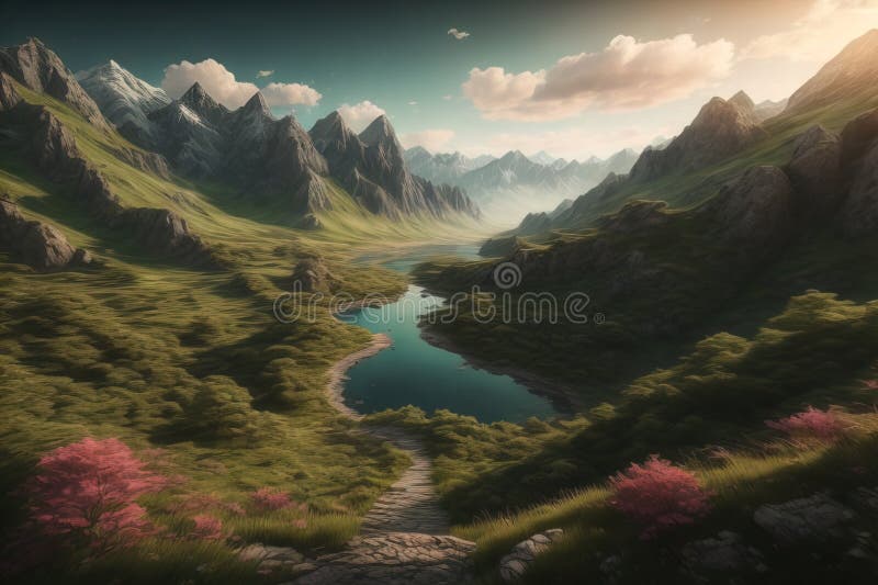 Beautiful Fantasy Landscape with a River in the Mountains. Ai ...