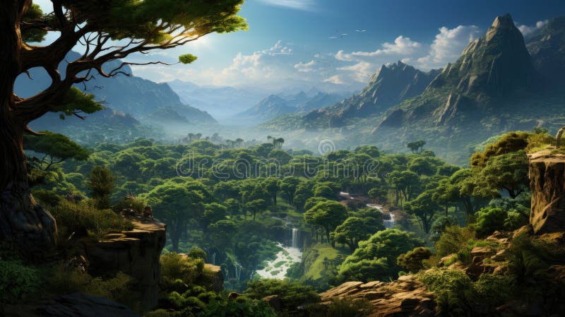Beautiful Fantasy Landscape with a Waterfall and a Pine Tree. 3d Render ...