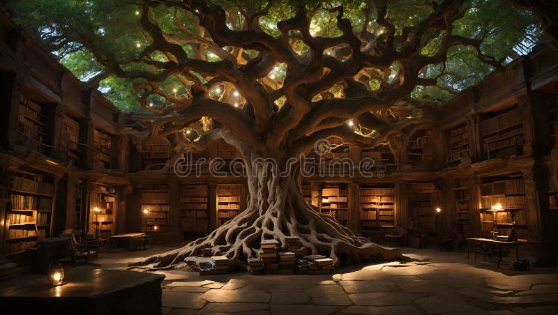 Beautiful Fantasy Library with Growing Giant Oak in the Middle. Tree of ...