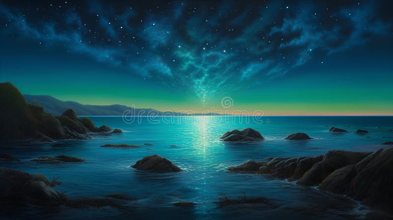Beautiful Fantasy Seascape with Starry Sky. 3d Rendering Stock ...