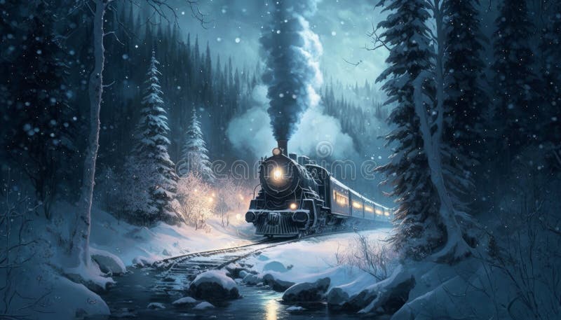 Beautiful Fantasy Train in a Winter Wilderness at Cold Night Generative ...