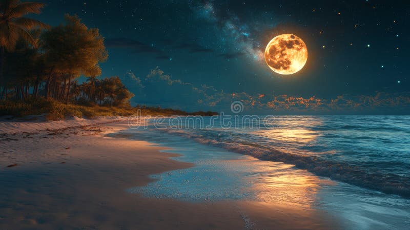 Beautiful Fantasy Tropical Beach with Full Moon Stock Illustration ...