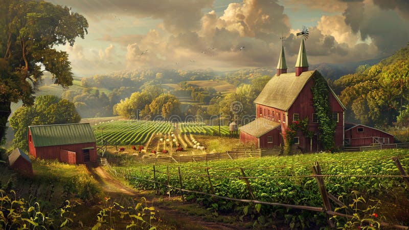 Beautiful Farm Scene with Beautiful Sky and Field, Generative AI Stock ...