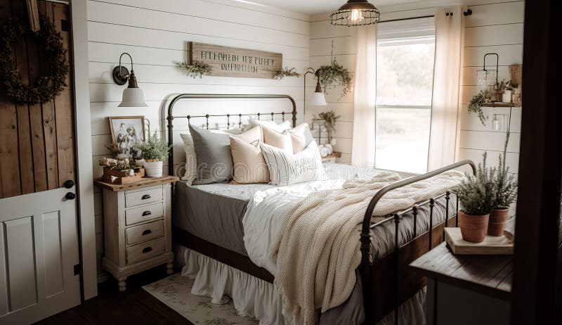 Beautiful Farmhouse Style Bedroom Interior, Generative AI Stock ...