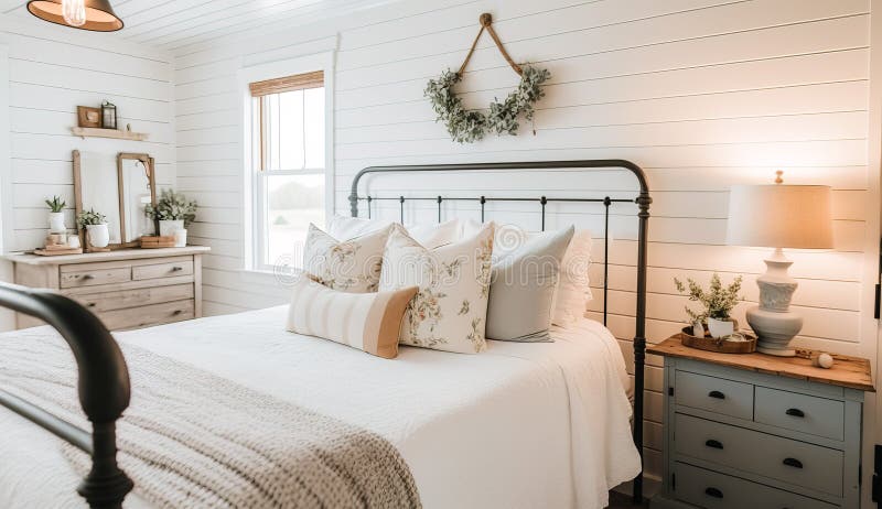 Beautiful Farmhouse Style Bedroom Interior, Generative AI Stock ...