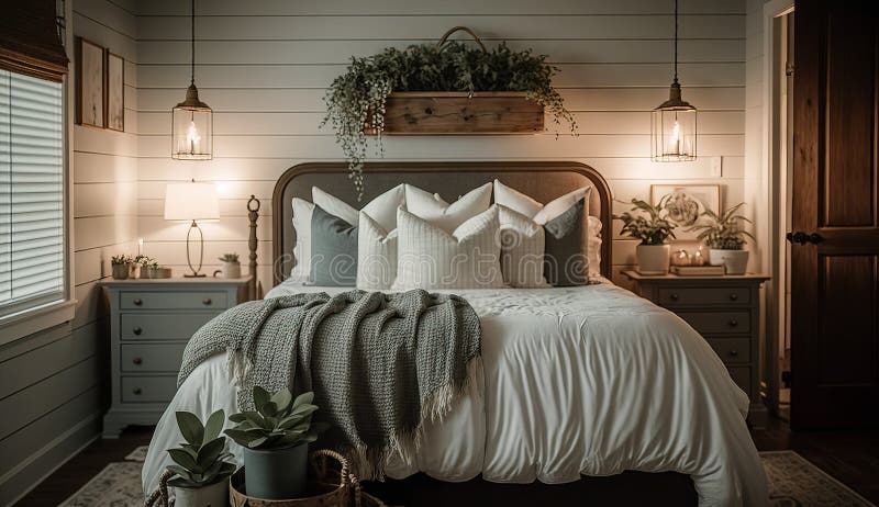 Beautiful Farmhouse Style Bedroom Interior, Generative AI Stock ...