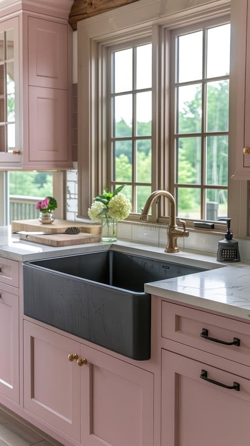 Beautiful Farmhouse Style Pink Kitchen Stock Illustration ...