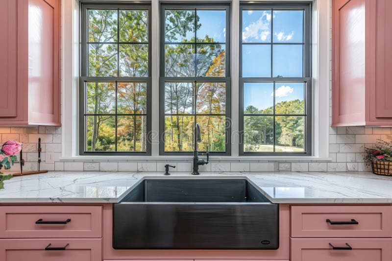 Beautiful Farmhouse Style Pink Kitchen Stock Illustration ...