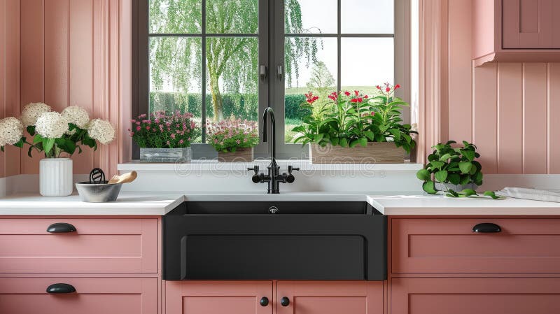 Beautiful Farmhouse Style Pink Kitchen Stock Illustration ...