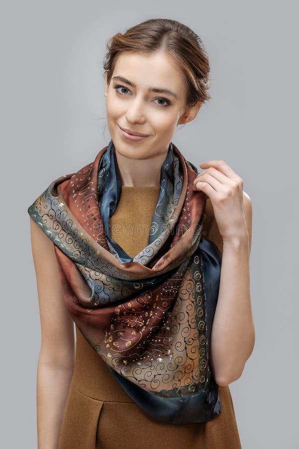 Beautiful Fashion Model Posing With Colorful Silk Scarf Stock Image