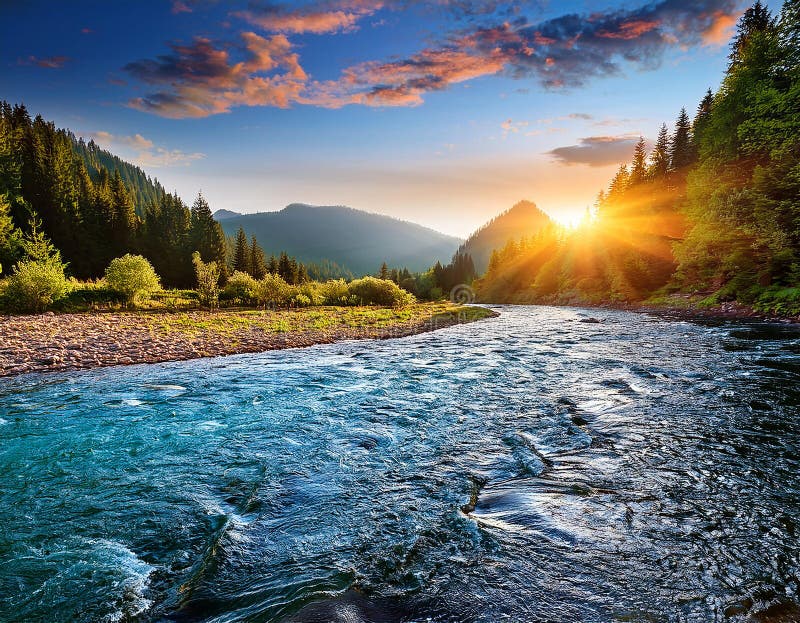 Beautiful Fast River Flows in Mountain Forest at Sunrise Stock ...