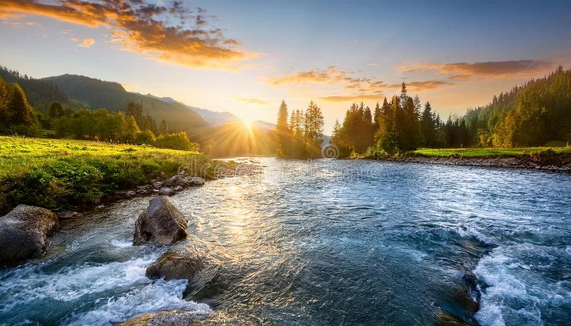 Beautiful Fast River Flows in Mountain Forest at Sunrise Stock ...