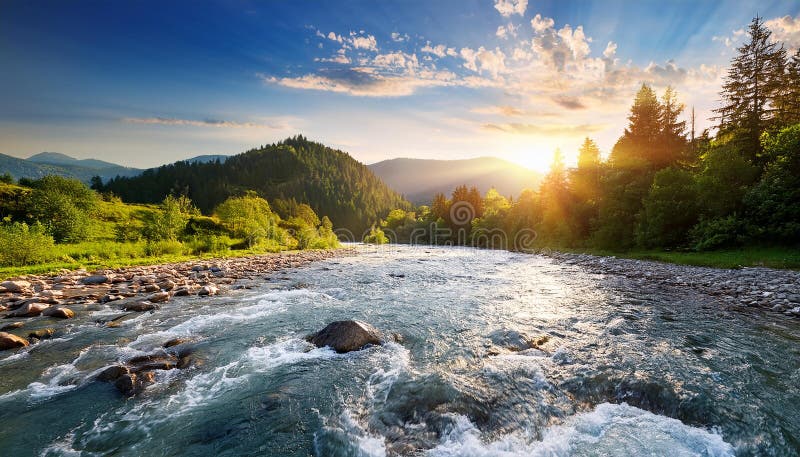 Beautiful Fast River Flows in Mountain Forest at Sunrise Stock ...