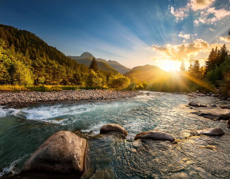 Beautiful Fast River Flows in Mountain Forest at Sunrise Stock ...