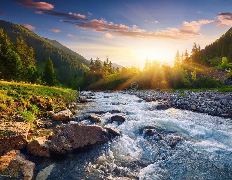 Beautiful Fast River Flows in Mountain Forest at Sunrise Stock ...