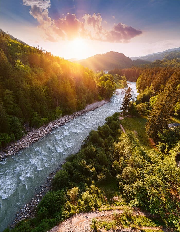 Beautiful Fast River Flows in Mountain Forest at Sunrise Stock ...