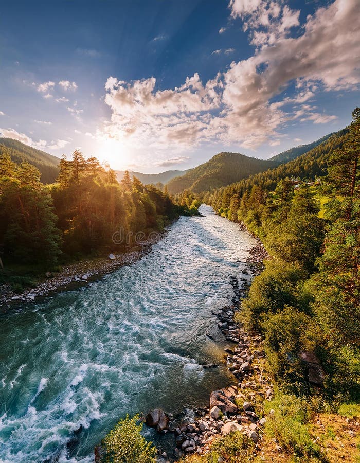 Beautiful Fast River Flows in Mountain Forest at Sunrise Stock ...