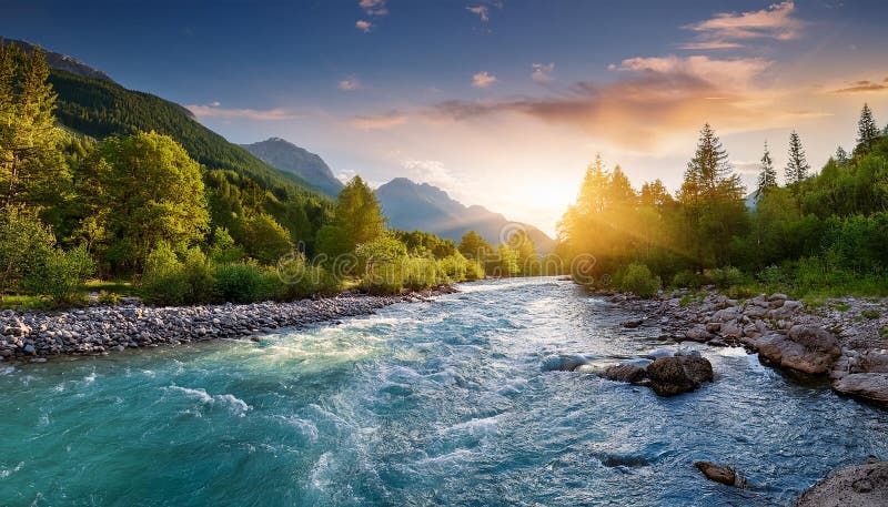 Beautiful Fast River Flows in Mountain Forest at Sunrise Stock ...