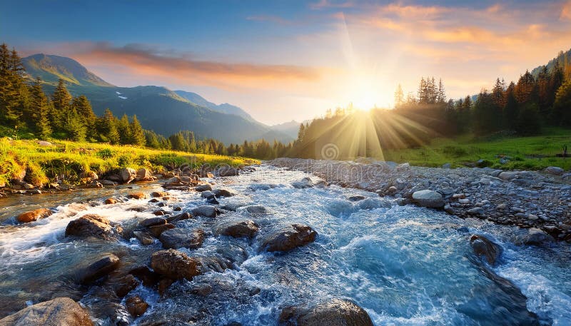 Beautiful Fast River Flows in Mountain Forest at Sunrise Stock ...
