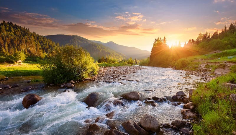 Beautiful Fast River Flows in Mountain Forest at Sunrise Stock ...