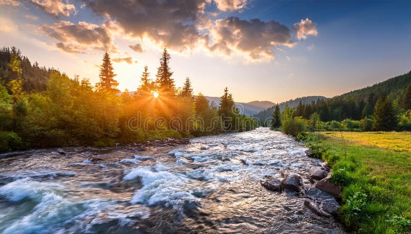 Beautiful Fast River Flows in Mountain Forest at Sunrise Stock ...