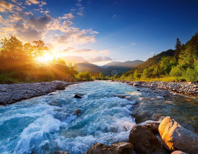 Beautiful Fast River Flows in Mountain Forest at Sunrise Stock ...