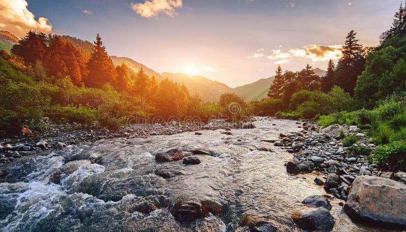 Beautiful Fast River Flows in Mountain Forest at Sunrise Stock ...