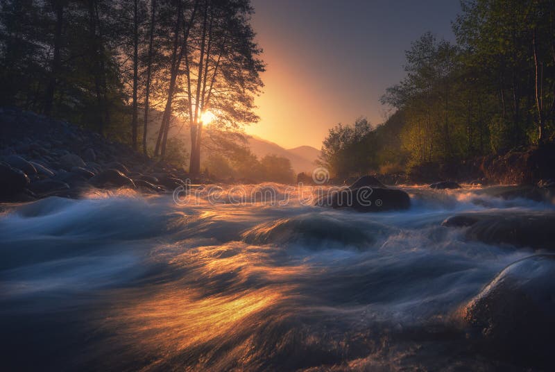 Beautiful Fast River in Mountain Forest at Sunrise Stock Photo - Image ...