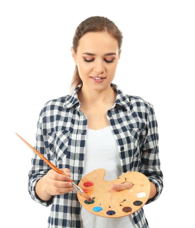 Beautiful Female Artist on White Background Stock Photo - Image of ...